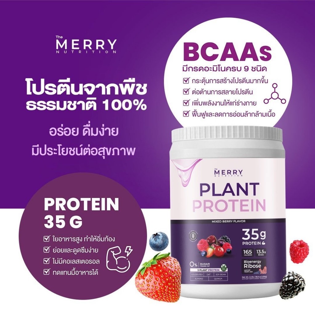 Merry Plant Protein โปรตีนพืช 5 ชนิด : รส Mixed Berry Flavor 1 กระปุก 2 ...