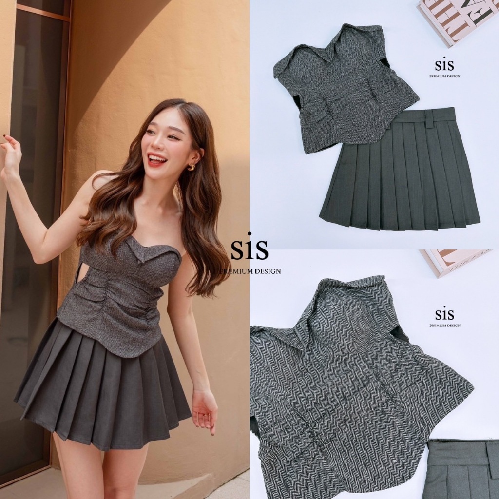SiS Brand SiS001 ชุดเซต 2 ชิ้น เสื้อเกาะอก มาพร้อมกับ กระโปรงสั้นสีเทา ...