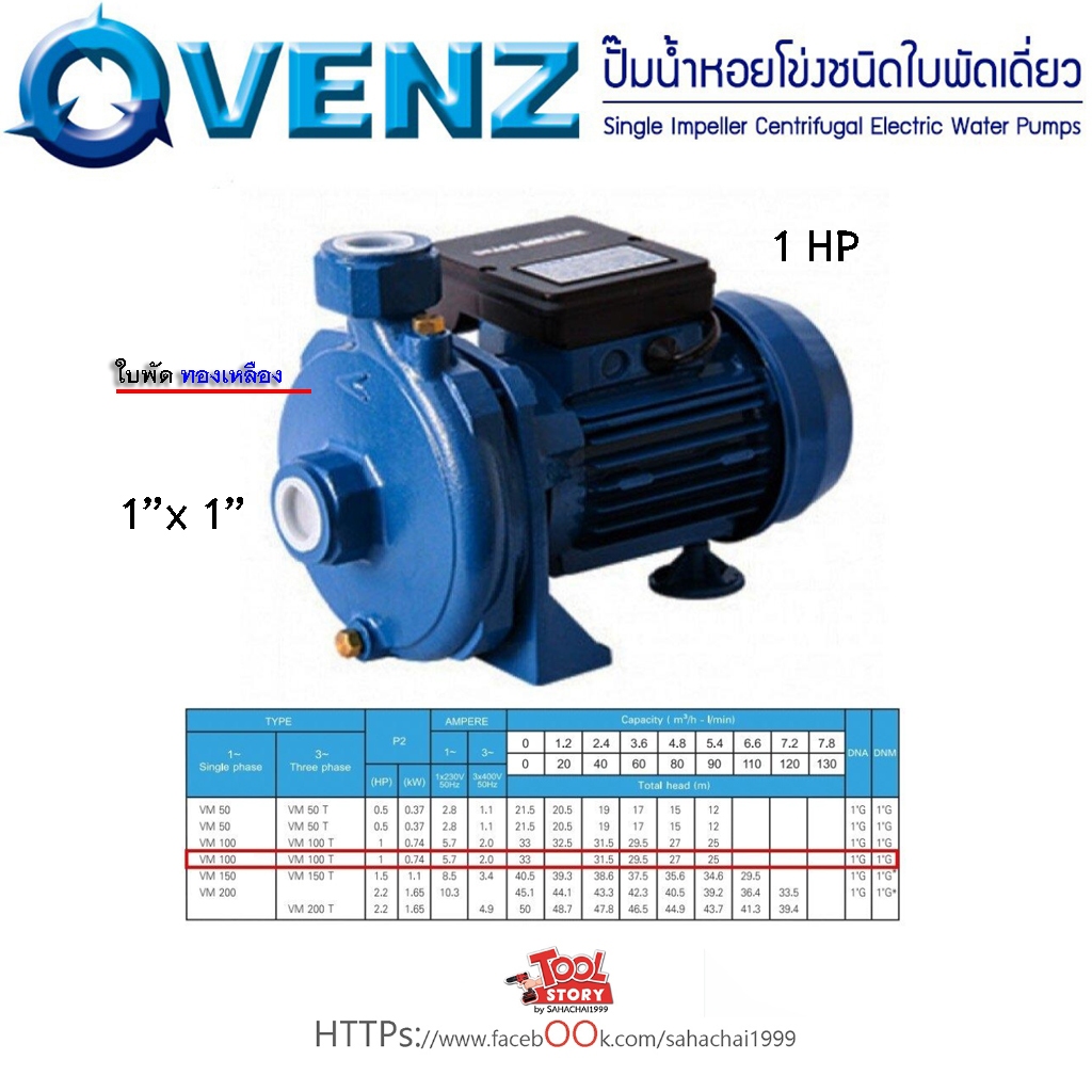 Venz VM100 ปั้มน้ำ ขนาด 1นิ้ว 1แรงม้า 220 โวลต์ รุ่นส่งน้ำไกล น้ำเยอะ ...