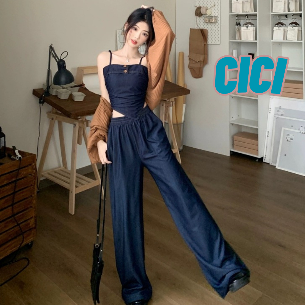 Cici(NO.set3215)SET2ชิ้น เสื้อสายเดี่ยวสม็อกหลัง+กางเกงขายาวเอวสม็อก ผ้ายีนส์ เสื้อสายปรับได้ ...