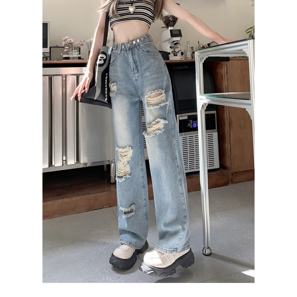 GHAOHESกางเกงยีนส์ขาดS-5XLเอวสูง ประเภทรุ่นหลวม กระชับหน้าท้องและดูเรียวขึ้น กางเกงยีนส์y2k ...