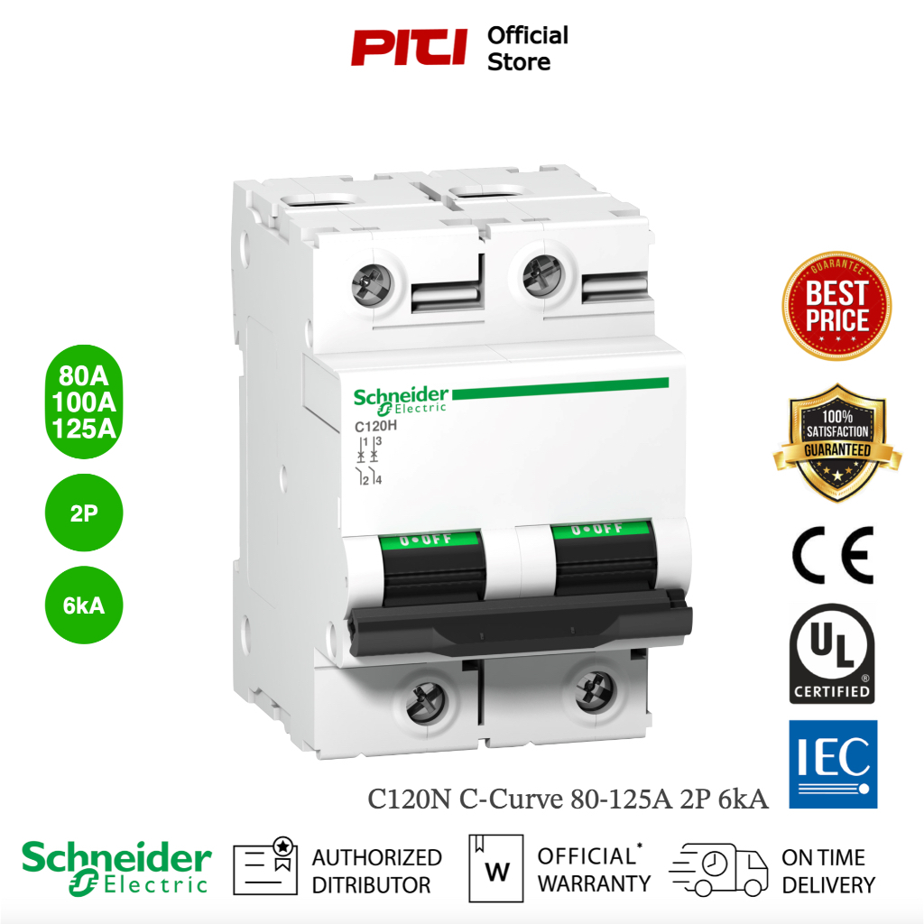 Schneider MCB A9N18361 80A 2P C120N C-curve Acti9 Miniature Circuit Breaker เซอร์กิตเบรกเกอร์ ...