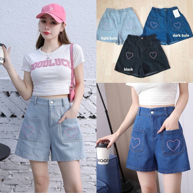 Gang_jeans#2088 (P)(โค้ด GANGAPR ลด 45.-)กางเกงยีนส์ ขาสั้น ปักหัวใจที่ ...