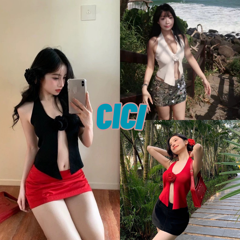 Cici(NO. 24046-1)เสื้อคล้องคอไหมพรม ดีเทลเว้าหน้า แซ่บเบอร์10 สไตล์สาวฮาวายสุดๆ | Shopee Thailand