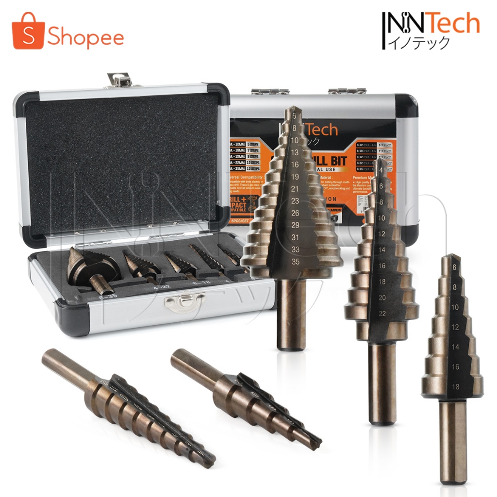 InnTech ดอกสว่านทรงเจดีย์ HSS ชุบไทเทเนียม เจาะ เหล็ก / ไม้ / พลาสติก / อลูมิเนียม ชุด 5 ชิ้น ...