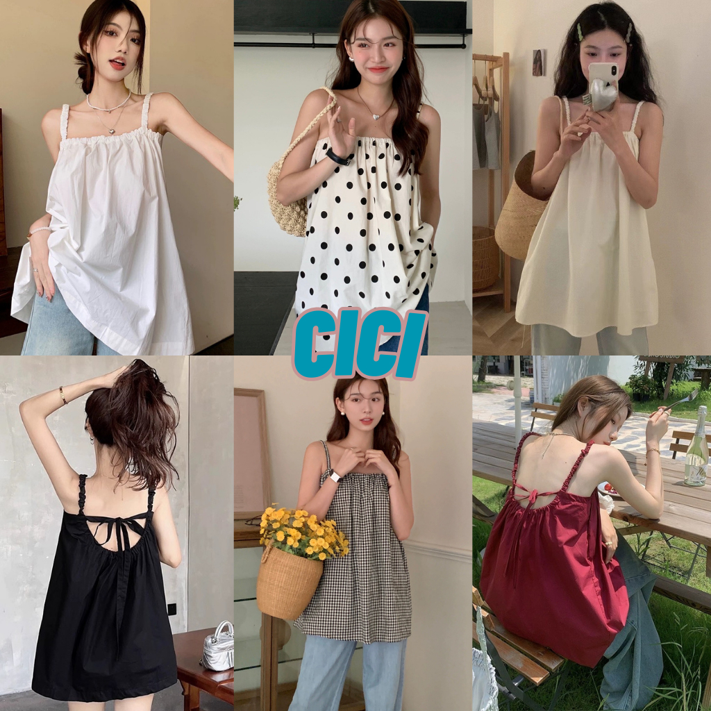 Cici(NO.3217)เสื้อสายเดี่ยวผูกหลัง ผ้าชีฟอง สม็อกรอบอก ใส่สบายต้อนรับSummer น่ารักสไตล์มินิมอล ...