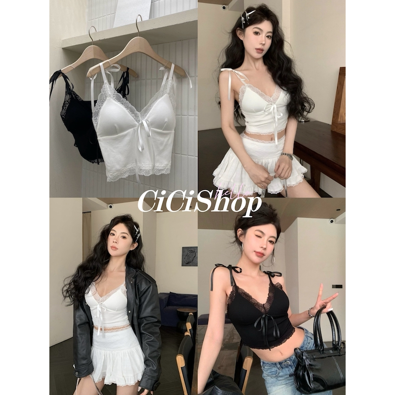 Cicishop(2071)เสื้อครอปสายเดี่ยว มีฟองน้ำ ดีเทลแต่งลูกไม้ เปรี้ยวแซ่บ | Shopee Thailand