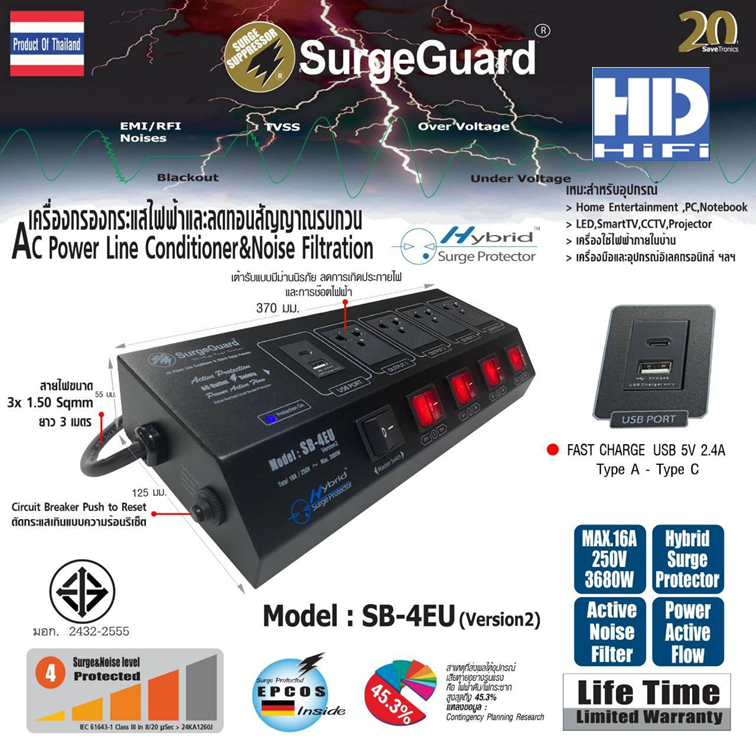 SurgeGuard SB4-EU V2 เครื่องกรองกระแสไฟฟ้าและลดทอนสัญญาณรบกวน | Shopee ...