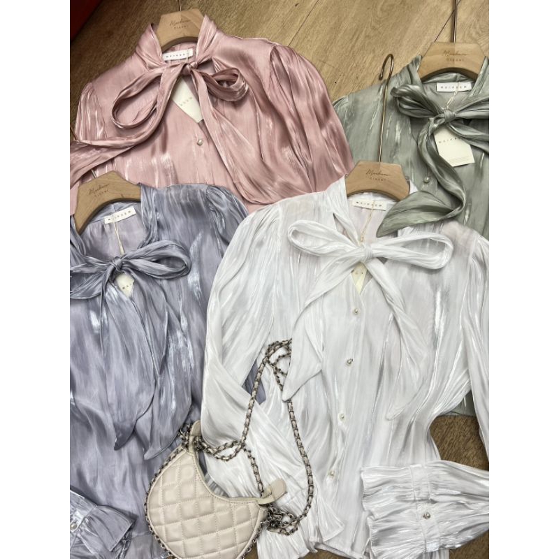 เสื้อเชิ้ตแฟชั่นแต่งโบว์แขนระบายแต่งกระดุมมุก-M055 | Shopee Thailand