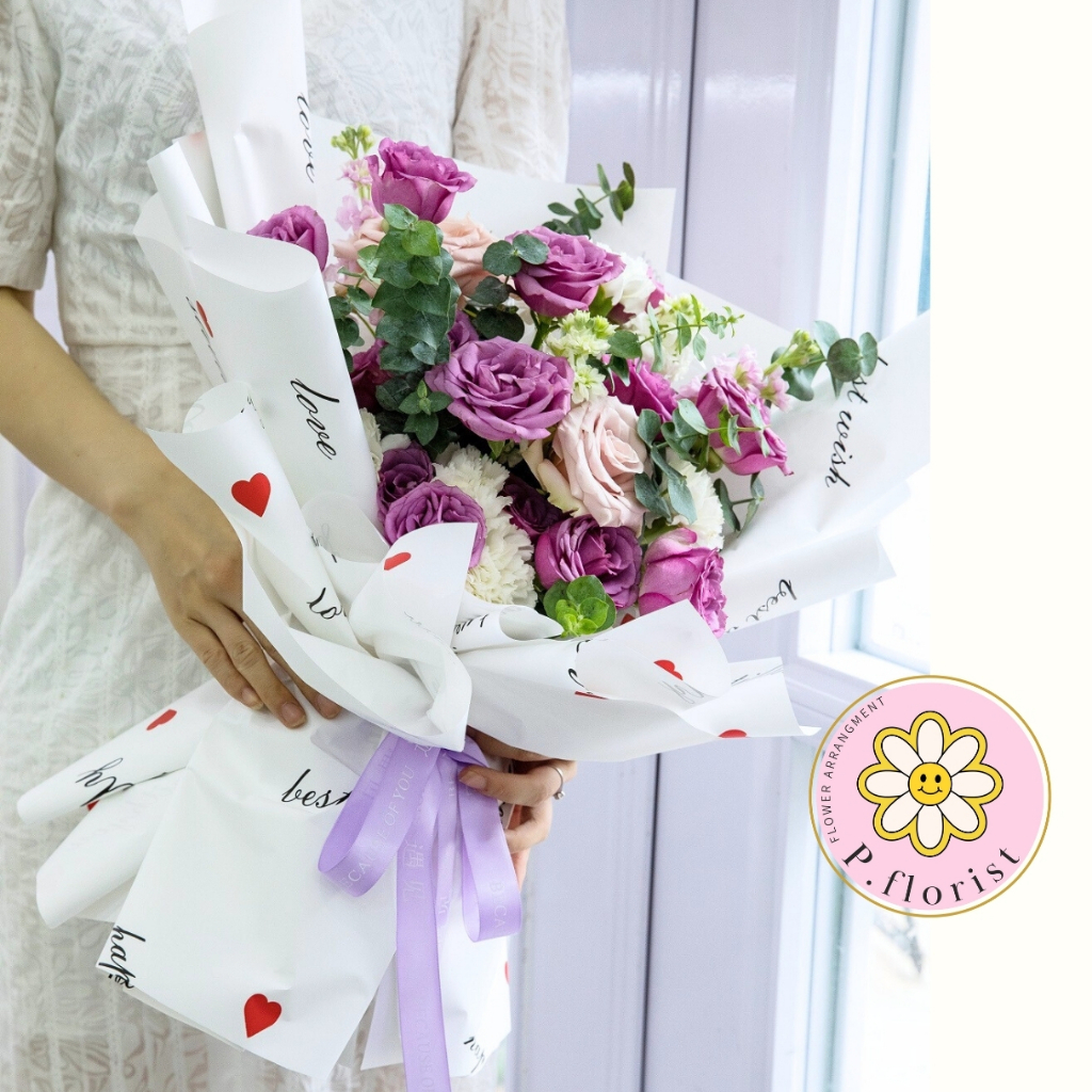 (แพ็ค 20 แผ่น) กระดาษฟลาวด์ ลาย LOVE PF-P009 ขนาด 58x58 ซม. กระดาษห่อดอกไม้ อุปกรณ์จัดช่อดอกไม้ ...