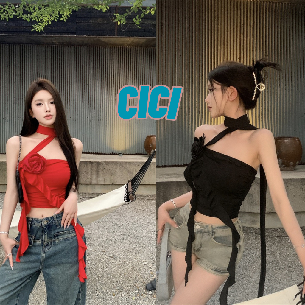 Cici(No.YJ6130)เสื้อเกาะอก ครอปท็อป เปิดไหล่เข้ารูป สีพื้น ลายดอกกุหลาบ 3 มิติ สไตล์ y2k ...