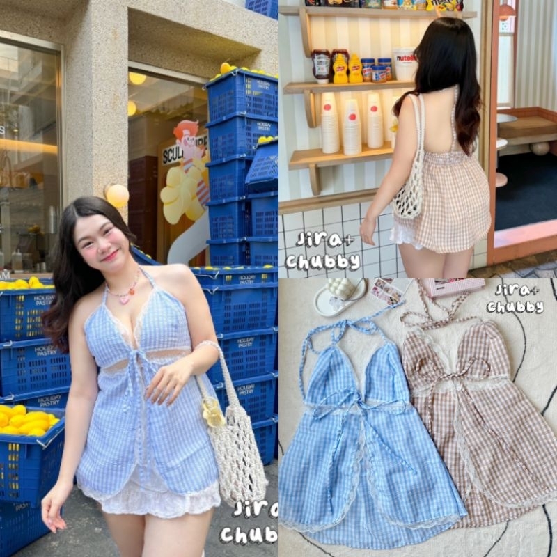 มินิเดรสลายสก็อตแต่งลูกไม้ ผูกโบว์คอ โชว์หลัง อก40-52" สาวอวบอ้วน Bigsize/Plussize/Chubby ...