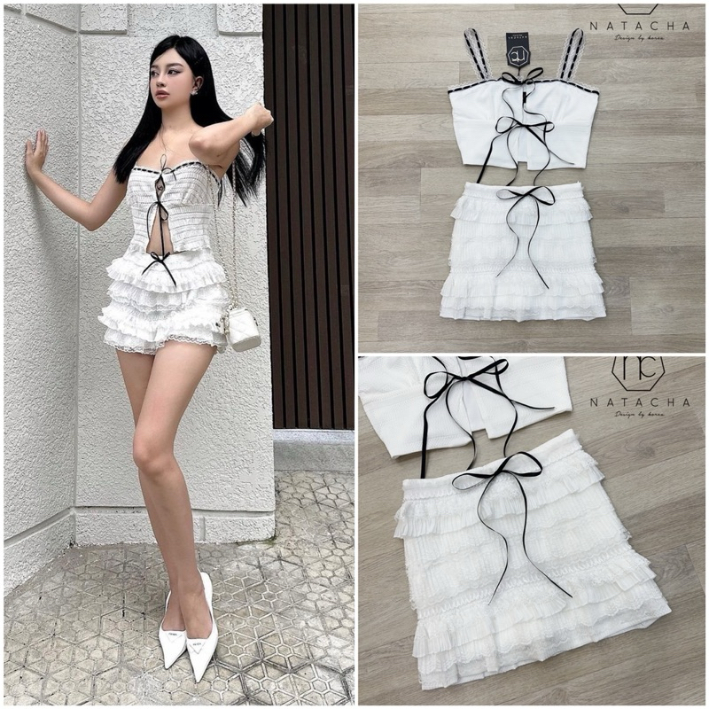 เซ็ตเสื้อแต่งเชือกผูก และกางเกงกระโปรง (C927) Natacha | Shopee Thailand