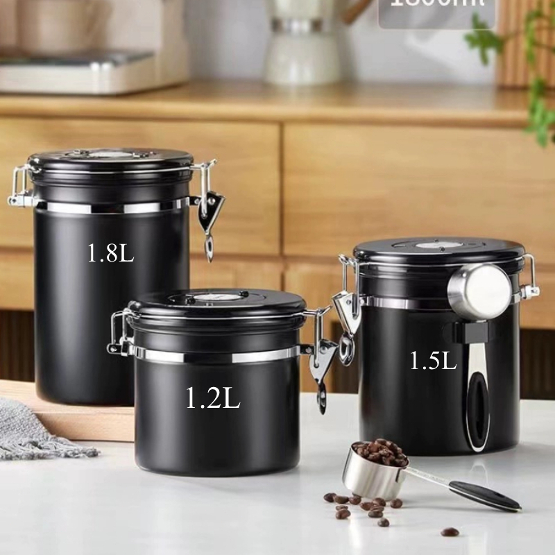 กล่องเก็บเมล็ดกาแฟ ฟรีช้อนสแตนเลส 1.2L 1.5L 1.8L กระปุกสแตนเลส สูญญากาศ กันความชื้นโหลสแตนเลส โถ ...