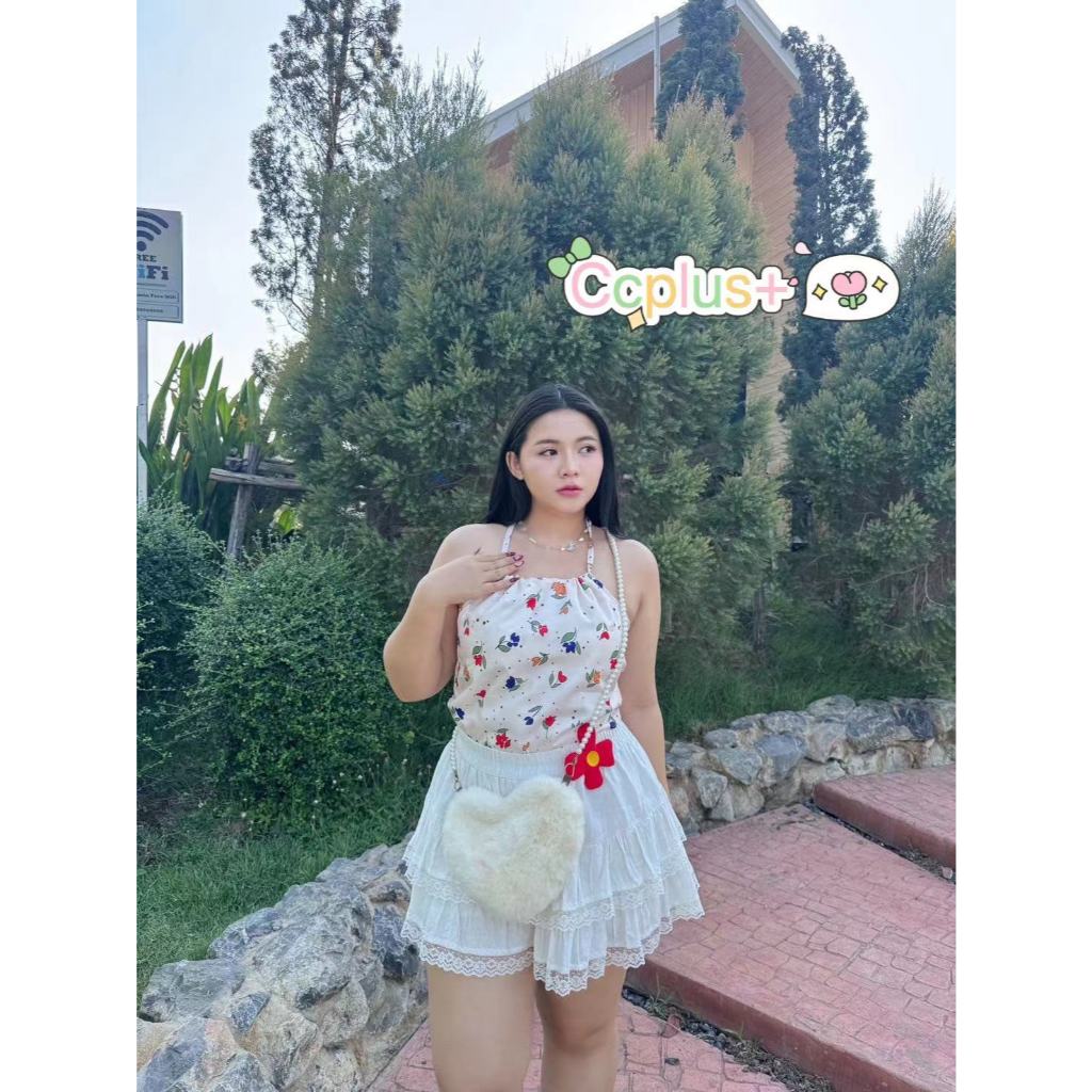 CiCi Plus+(U007)Flowers Top เสื้อสายเดี่ยวดีเทลแบบผูก สกรีนลายดอกไม้ ...