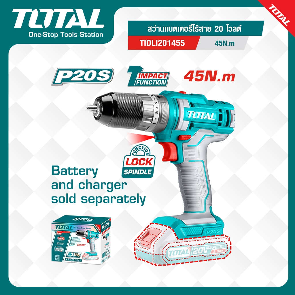 TOTAL สว่านกระแทกแบตเตอรี่ไร้สาย20V. #TIDLI201455 | Shopee Thailand