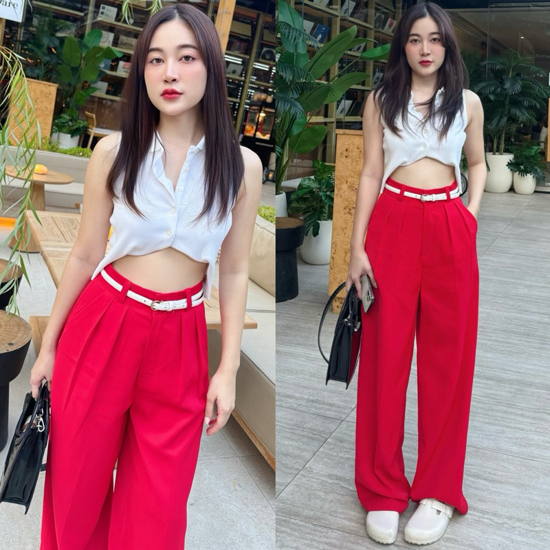 Hollic Pants กางเกงกระบอกใหญ่จีบหน้าคู่ New Queen. | Shopee Thailand