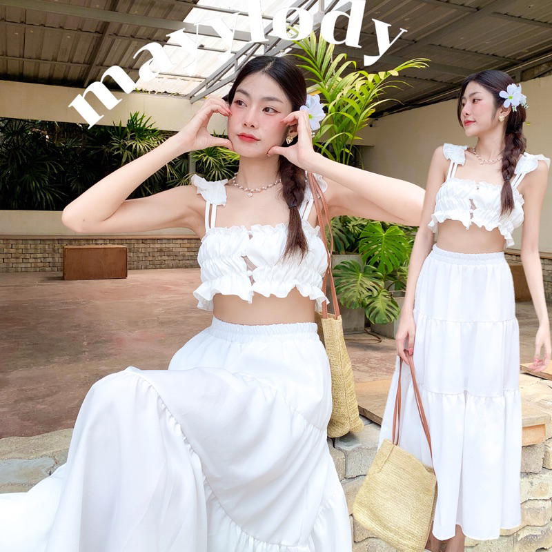 🎀mayylody🎀 Jiw Jiw เสื้อเวียดนาม สายเดี่ยว แต่งกระดุมมุกหน้า + กระโปรงยาว ชายระบาย ใส่แมทช์คู่ ...