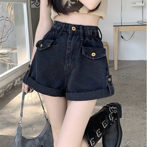 GHAOHES กางเกงยีนส์ขาสั้น สีดำ ไซส์ S-5XL พับขา เอวสูงดูผอมเพรียว ขากว้าทรงเอ v74 | Shopee Thailand