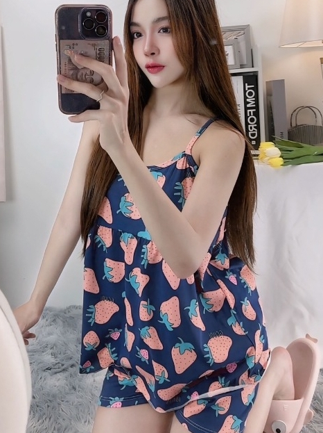 ชุดนอนสายเดี่ยวกระโป พิมพ์ลายน่ารัก อวบชุดนอนสายเดี่ยวผู้หญิง เซ็ท 2 ชิ้น พร้อมกางเกงขาสั้น ลาย ...