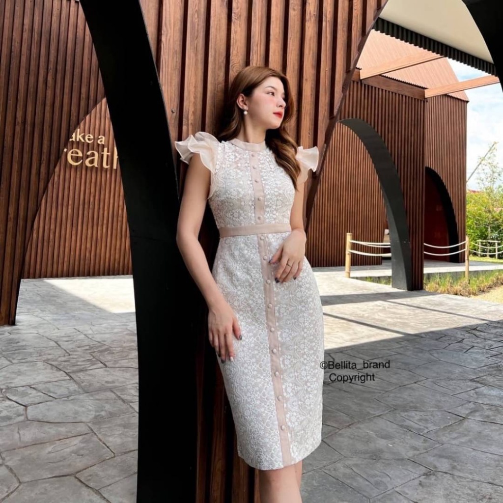 K422 BELLITA BRAND เดรสลูกไม้เนื้อนิ่ม ใส่ทำงาน ทำบุญ | Shopee Thailand