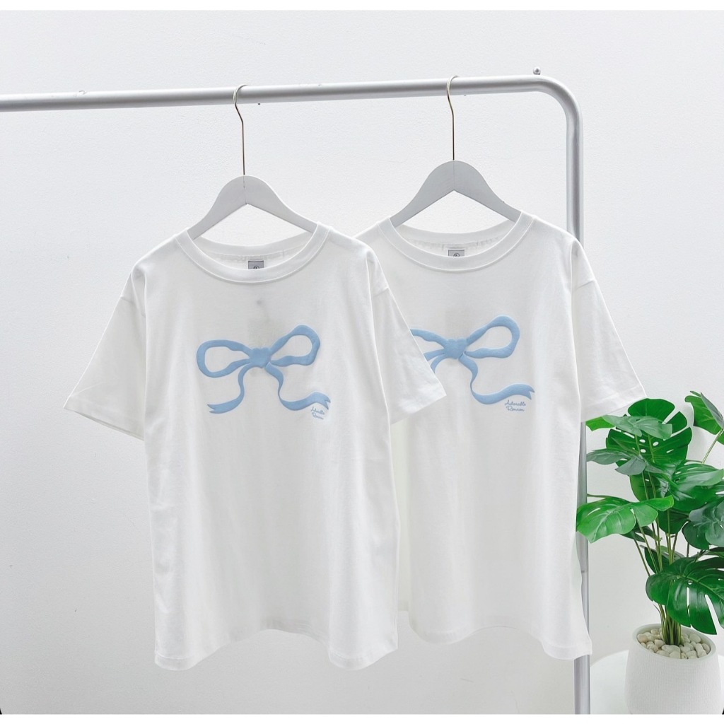 Ronron Ribbon BasicT-Shirt (White/ Blue) | Shopee Thailand