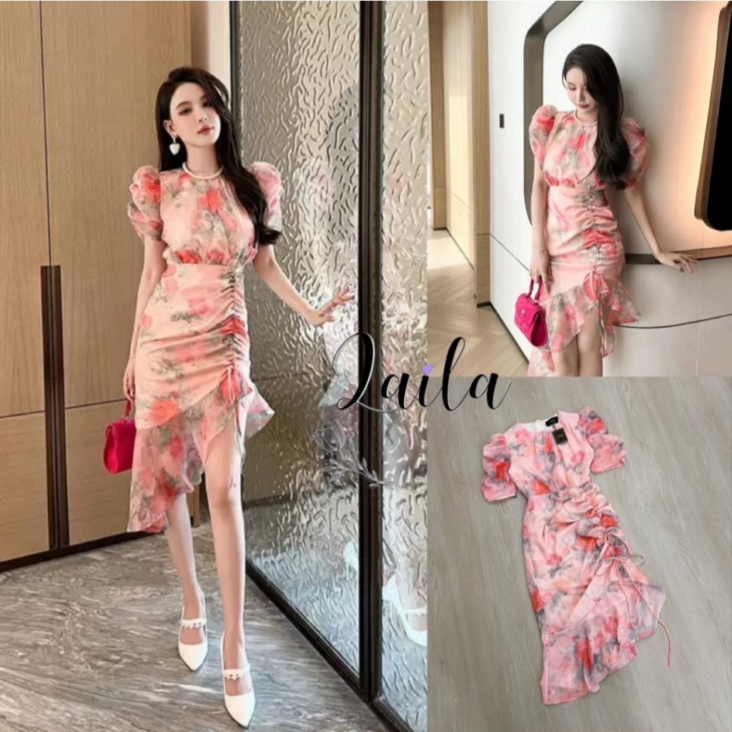 LAILA BRAND LL325 ชุดเดรสงานลายดอกไม้โทนสีชมพู | Shopee Thailand