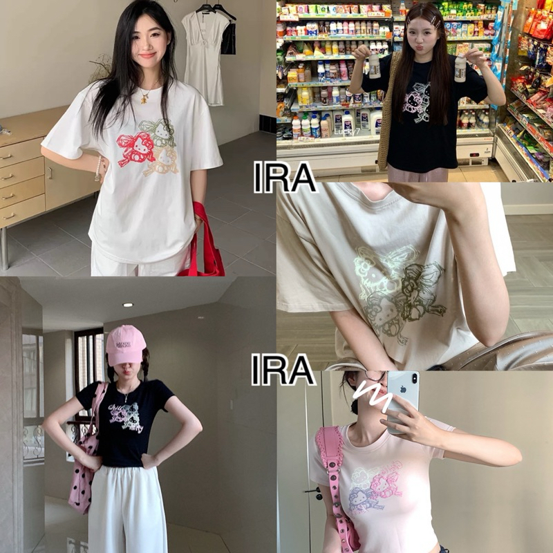 BY IRA (Kiss)พร้อมส่ง(Kiss) (523)Bella Crop top เสื้อยืดคอกลม ลาย Kitty สุดหน้ารัก เนื้อผ้านุ่น ...