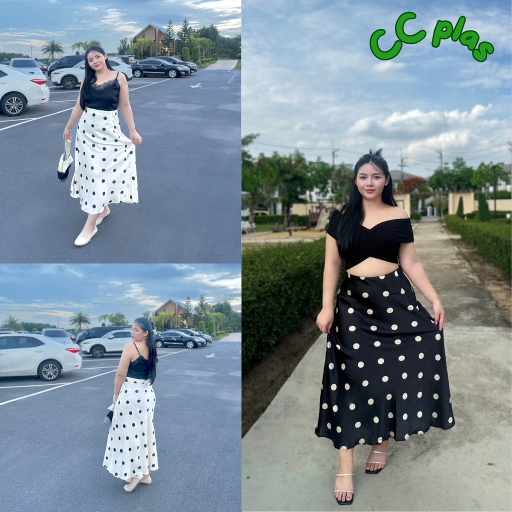 CiCi Plus(6033)กระโปรงยาวผ้าพริ้ว ดีเทลลายจุด ใส่วันสบายๆสไตล์สาวพลัส ...