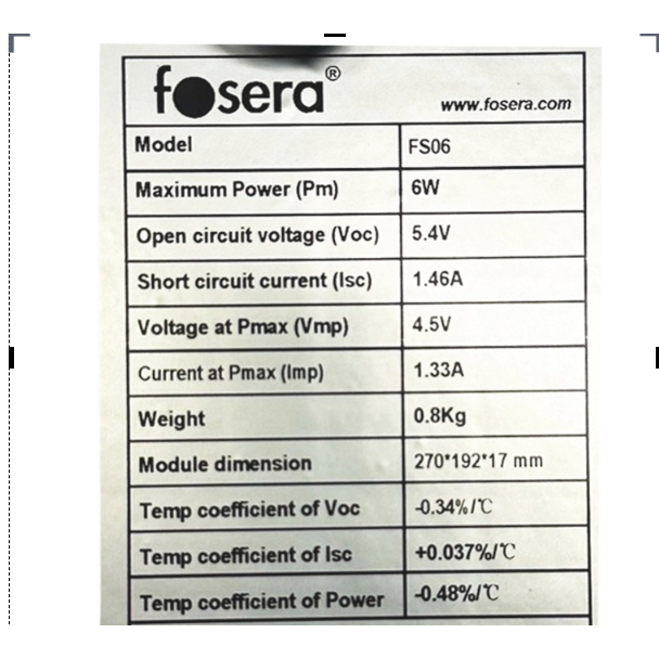 แผงโซล่าเซลล์ fosera solar cell 4.5v 6W พร้อมสายยาว 5 เมตร พลังงานแสง ...