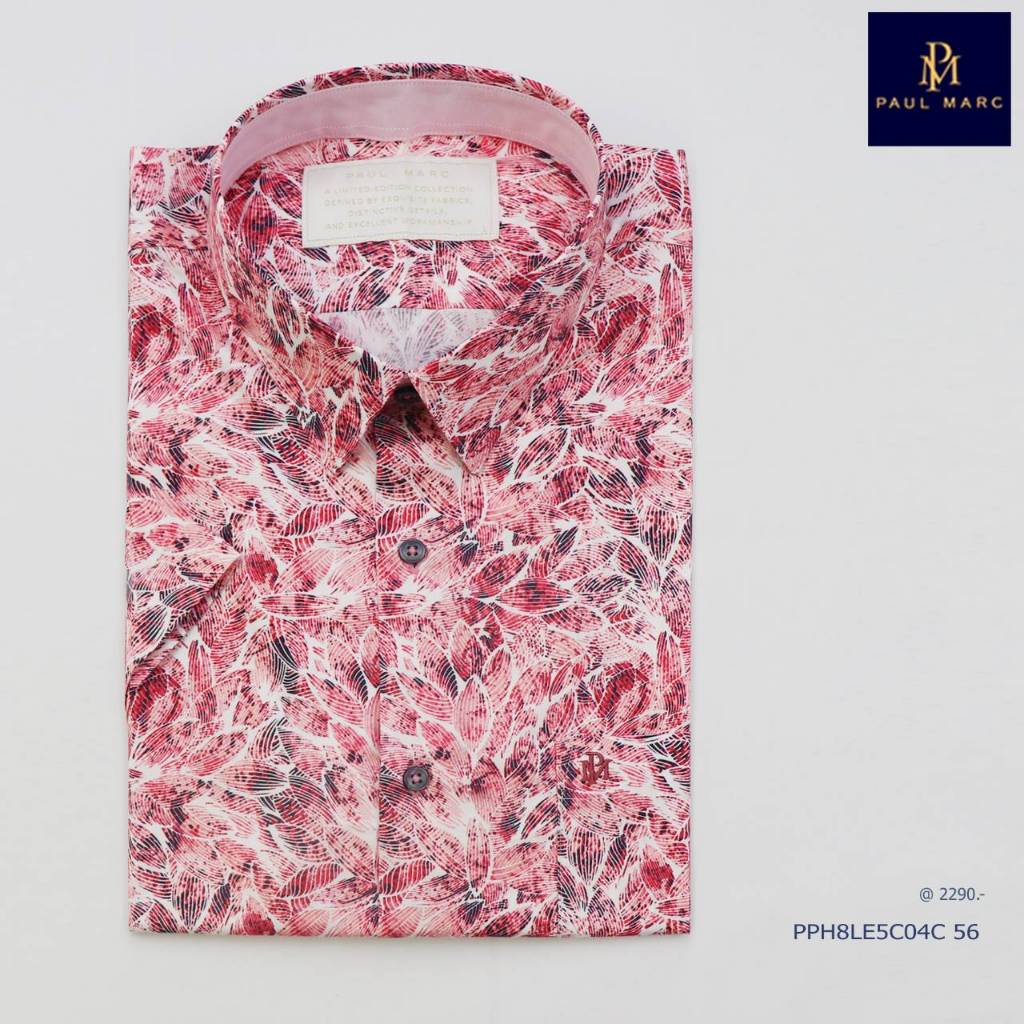 PAUL MARC เสื้อเชิ้ตลายพิมพ์ใบไม้สีแดง signature print ultrasoft slim ...