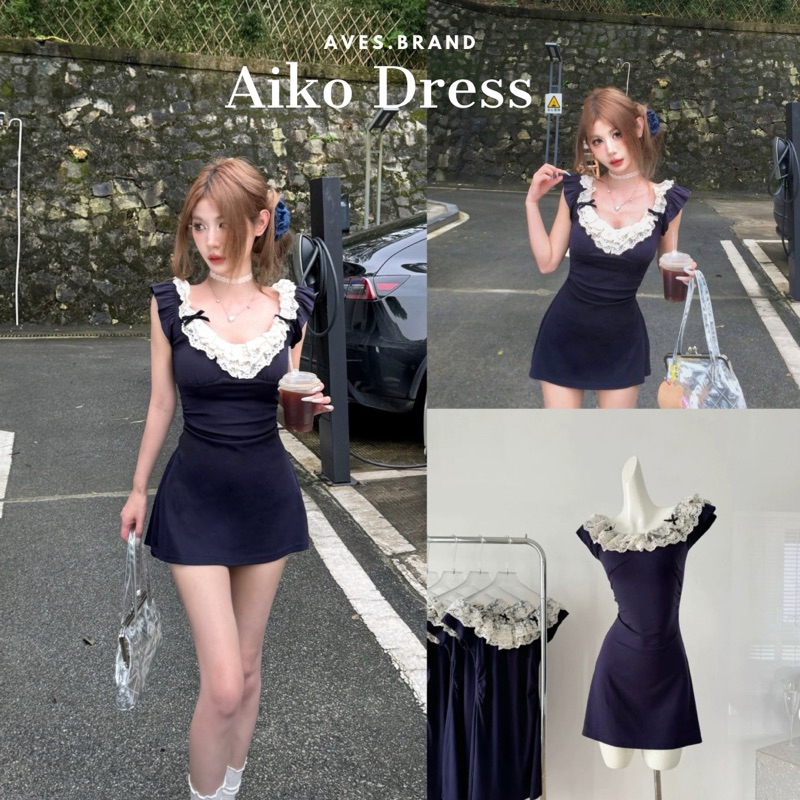AVES.BRAND AIKO DRESS มินิเดรสผ้ายืด แต่งระบายลูกไม้ | Shopee Thailand