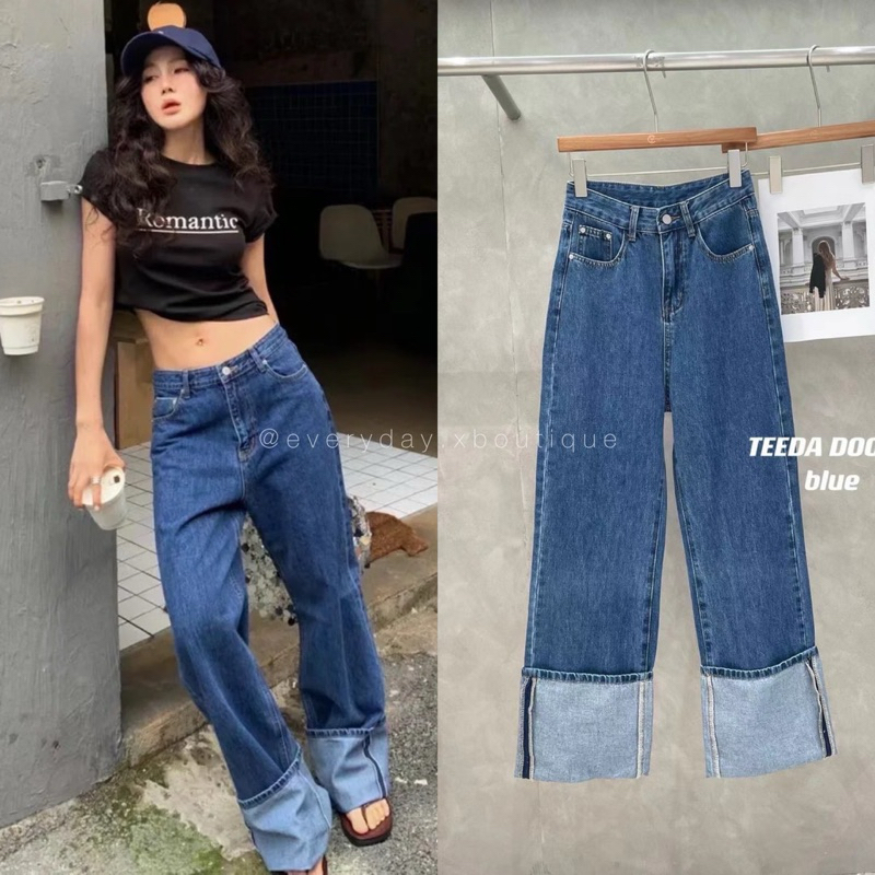 พร้อมส่ง SMLXL 590฿ กางเกงยีนส์ ขากระบอก เอวค่อนข้างสูง ปลายขาพับ สียีนส์เข้ม ทรงนี้เท่สุดๆค่ะ ...