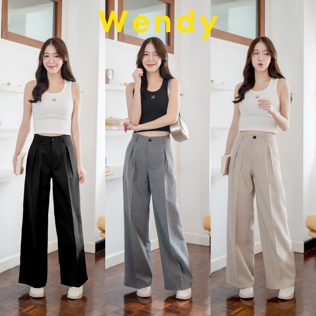 Wendy_SP042 กางเกงกระบอกใหญ่ ทรงตรง ดีเทลกระดุม แต่งจีบหน้า2จีบ เหมาะ ...
