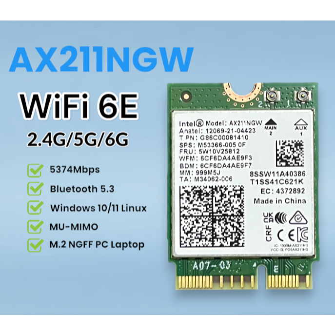 การ์ด WiFi 6E Intel AX211 NGW บลูทูธ 5.3 รองรับ Windows 10/11 (64bit ...