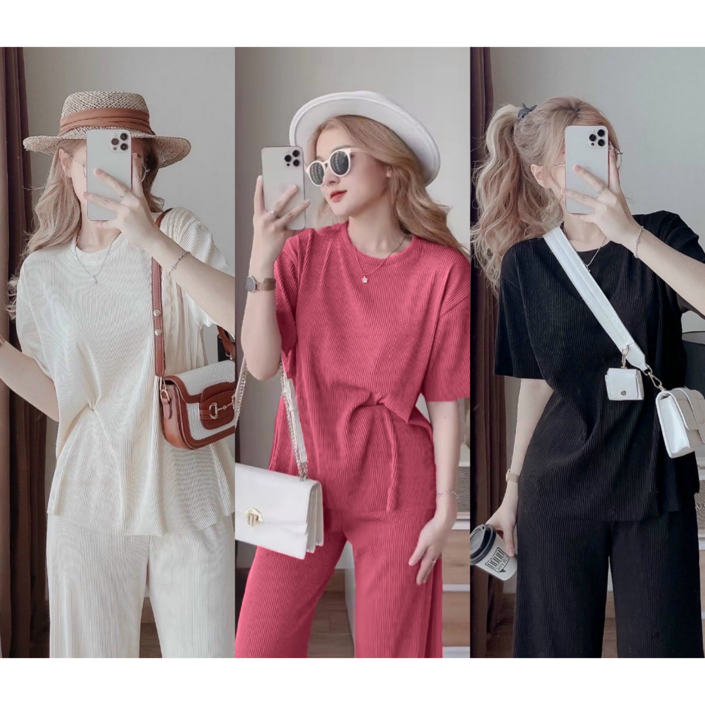 พร้อมส่ง ชุดเซตผ้าเปลือกไม้ เสื้อคอกลมแขนสั้น+กางเกง A4357 | Shopee ...