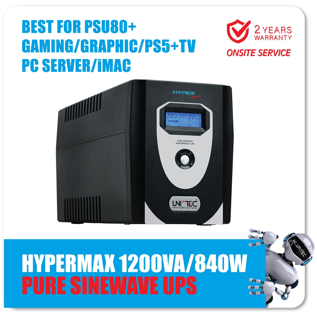 UPS 1200VA/840W HYPER-MAX UNITEC เกรดพรีเมี่ยม เพียวซายน์เวฟ100% สำหรับคอมประกอบ/PSU80+/ประกัน 2 ...