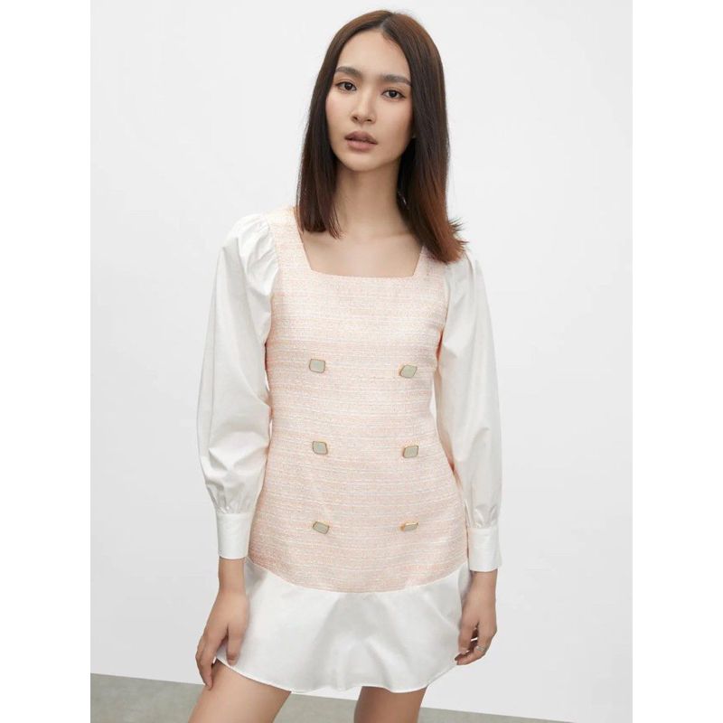 Pomelo x Satin Tweed Buttoned Mini Dress Pink โพเมโลเดรสทวิตแขนยาว แขน ...