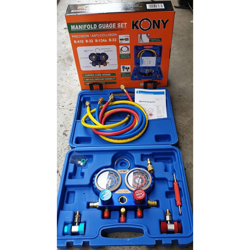 ชุดเกจวัดน้ำยาแอร์ ยี่ห้อ KONY ใช้กับน้ำรุ่น R22, R32, 410A, R134A มาพร้อมสายชาร์จน้ำยาแอร์ 3 ...