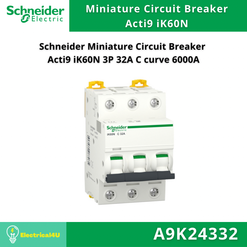 Schneider Electric A9K24332 Miniature Circuit Breaker, Acti9 iK60N, 3P, 32A, C curve, 6000A ...