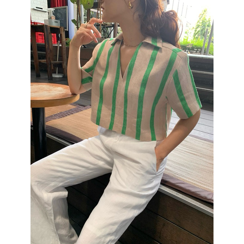 Charlotte irony | Linen v neck crop shirt | Shopee Thailand