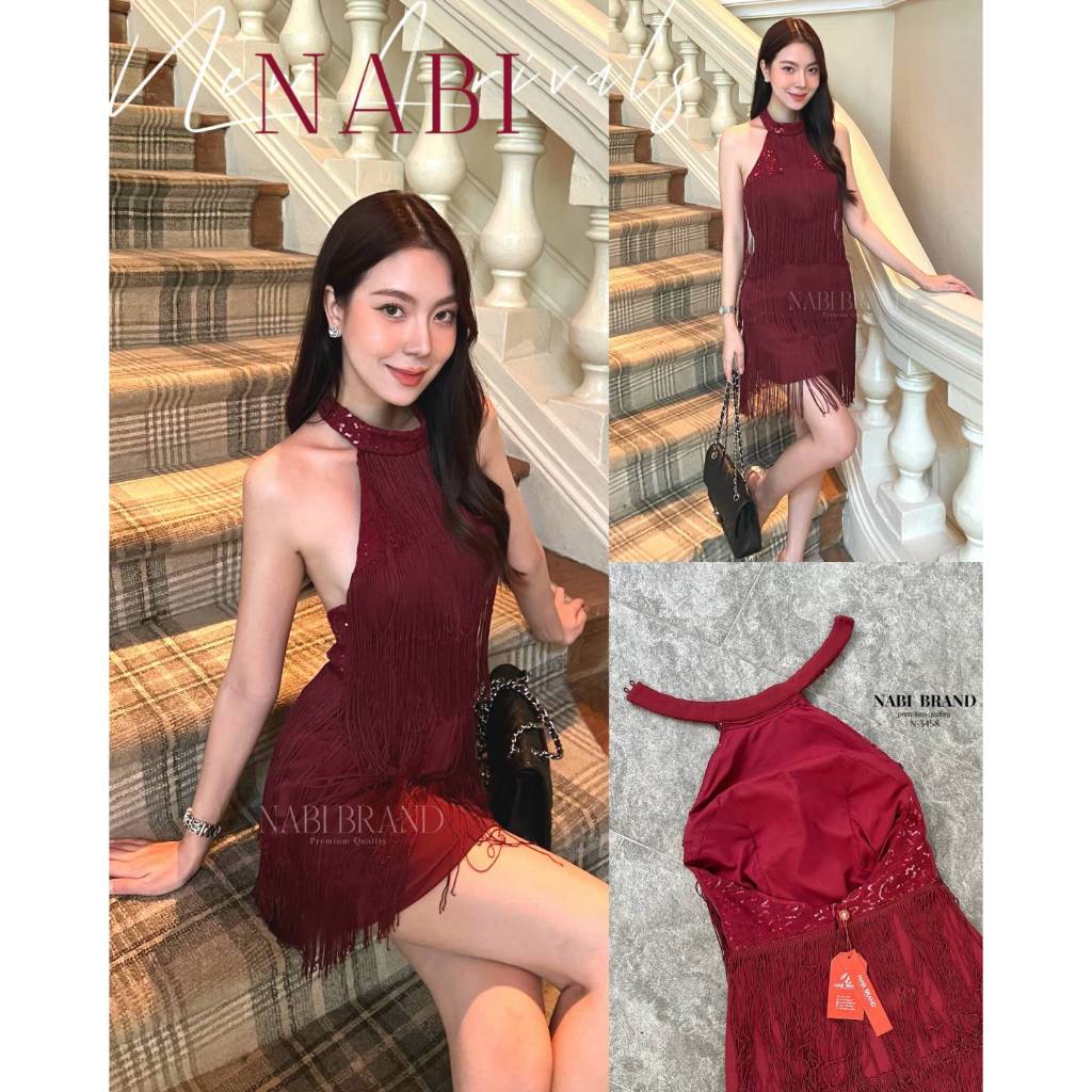 NABI Miniเดรสแขนกุด แต่งด้วยเส้นพู่ทั้งตัวอัดแน่นๆด้านบนแต่งด้วยกริสเต ...