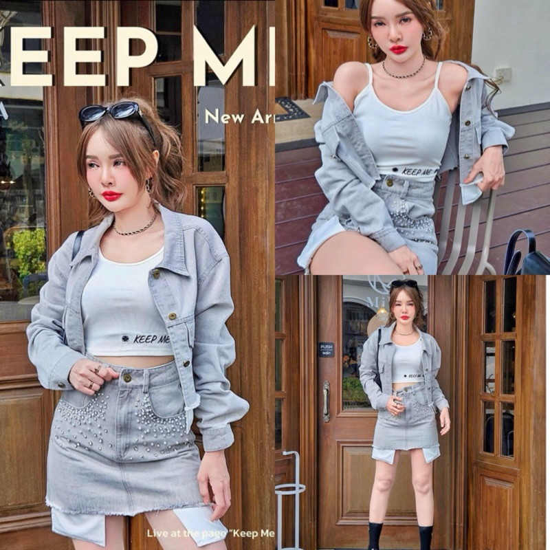 งานเซต3ชิ้น เสื้อยีนส์ เสื้อขาว พร้อมกระโปรงยีนส์ size s ป้าย keep me around | Shopee Thailand