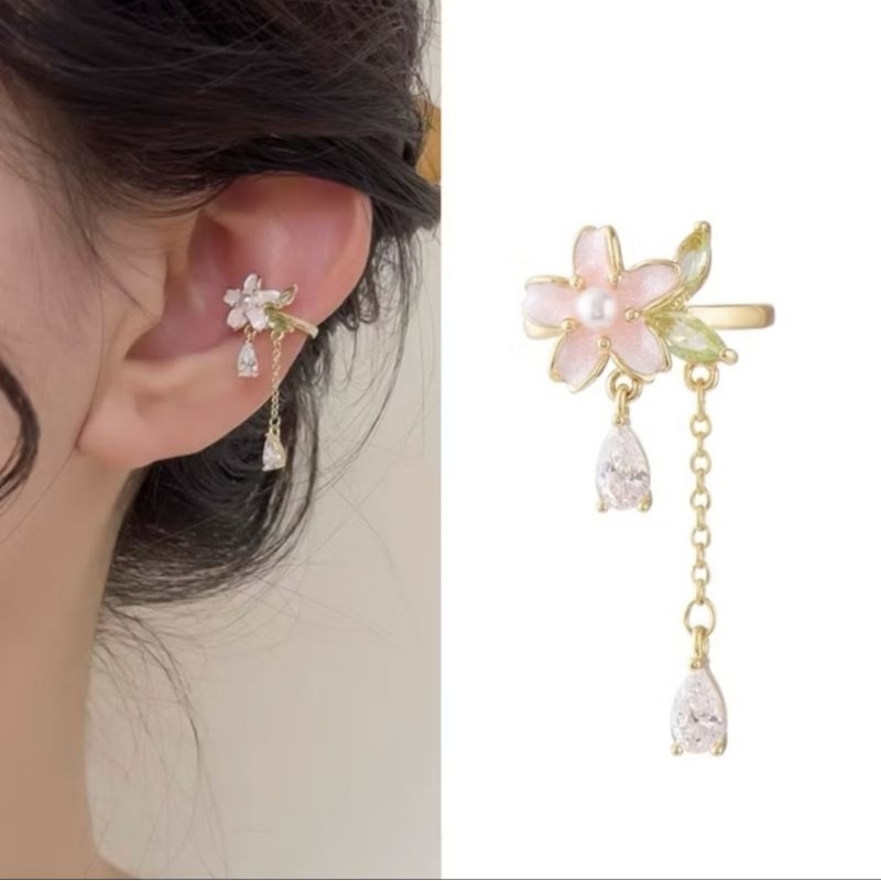 ต่างหูหนีบดอกไม้สีชมพูห้อยคริสตัล • Crystal Pink Flower Ear Cuff | Shopee Thailand