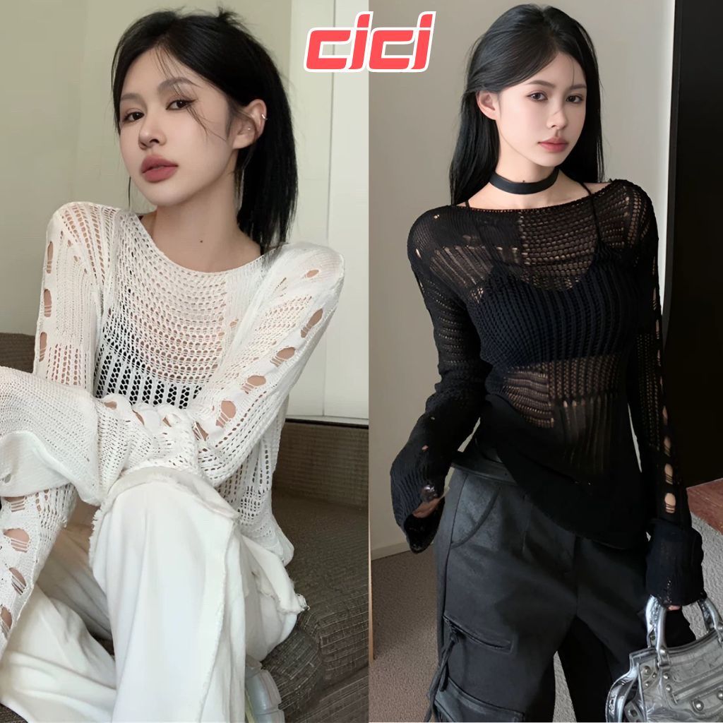 Cici(NO. ZT6011) เสื้อไหมพรม ผ้าถักซีทรูแขนยาว ลายสลับ สไตล์พสจีน ใส่ถ่ายรูปเก๋ | Shopee Thailand