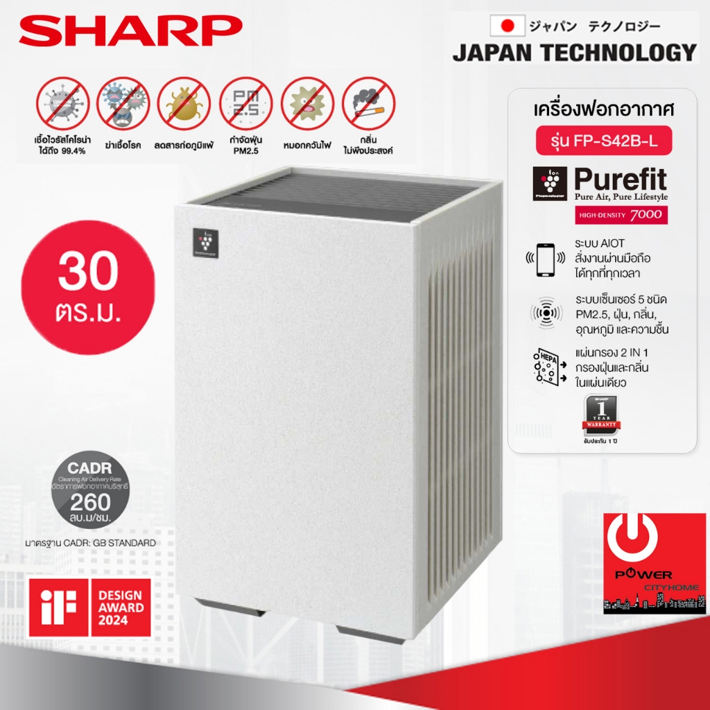 SHARP เครื่องฟอกอากาศ (ครอบคลุมพื้นที่ 30 ตร.ม.) แผ่นกรอง HEPA รุ่น FP-S42 ควบคุมการทำงานผ่านมือ ...