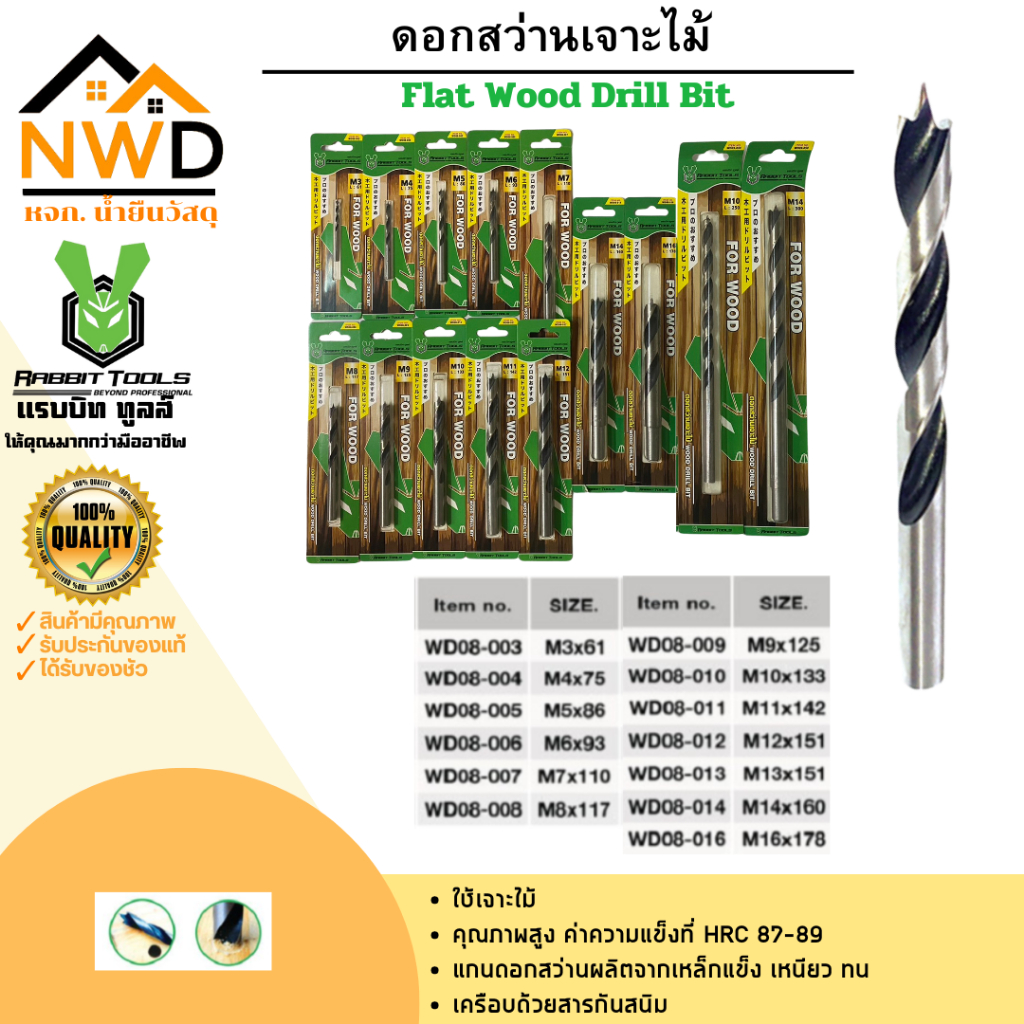 ดอกสว่านเจาะไม้ ยี่ห้อ RABBIT TOOLS : Flat Wood Drill Bit | Shopee Thailand