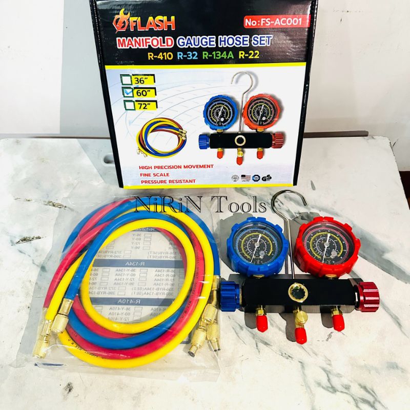Flash เกจวัดน้ำยาแอร์ พร้อมสาย 60 นิ้ว เกจวัดน้ำยา R32, R22, R410, R134A รุ่น No.FS-AC001 ...