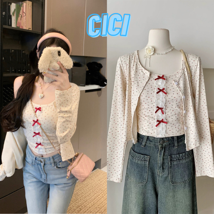 Cici(NO.J1362) Set 2 ชิ้น สายเดี่ยวปักโบว์ดีเทลลายลูกไม้+เสื้อคลุมแขนยาวสไตล์เกาหลี | Shopee ...
