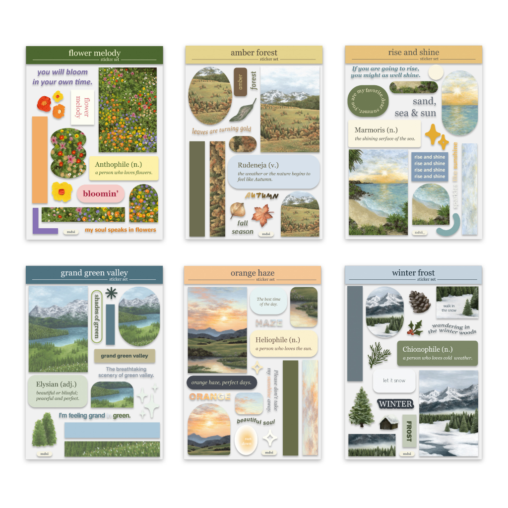 mdsi | sticker set - สติกเกอร์ภาพวาดธรรมชาติ สำหรับติดตกแต่ง กันน้ำได้ ...